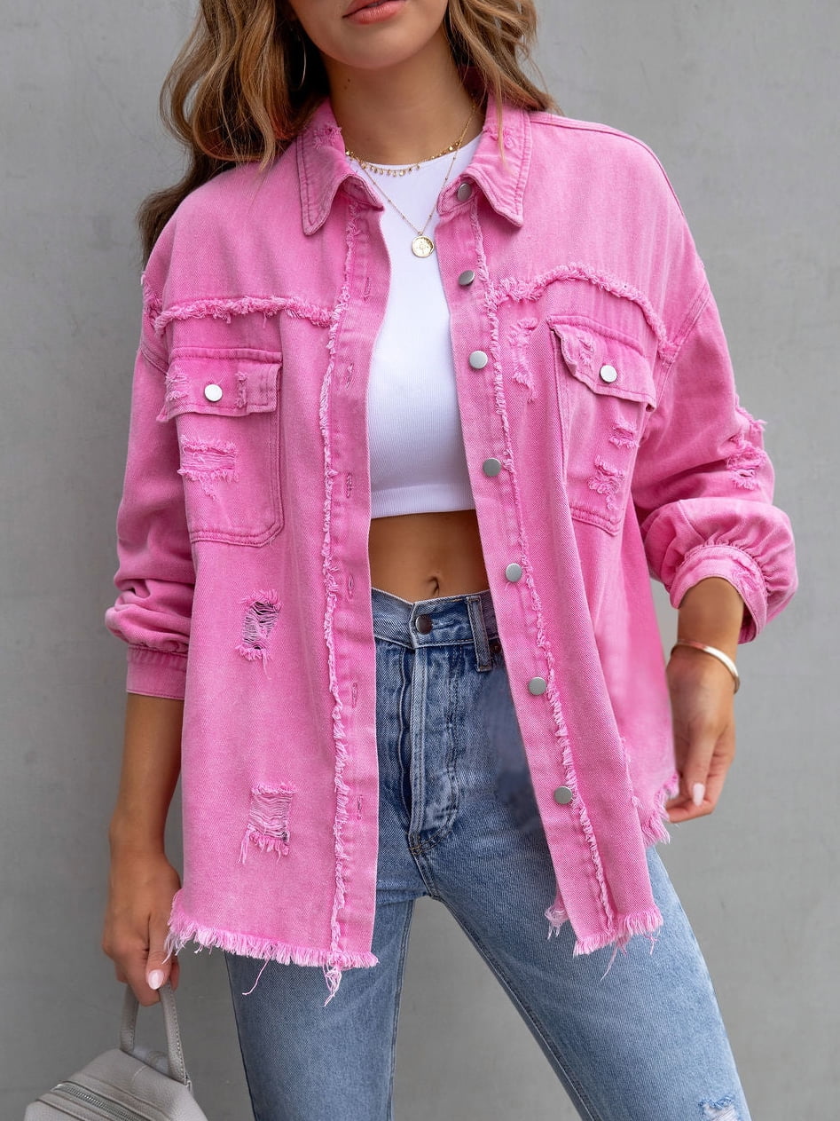 SEARIPE Women's Pink Denim Jacket, Long Sleeve, Frayed Hem, Ripped ...
