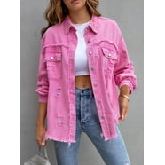 Eytino Denim Jacket for Women Long Sleeve Boyfriend Jean Jacket Loose Coat White L Female ...