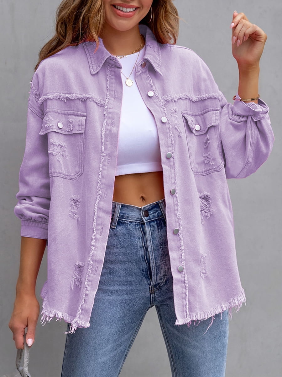 SEARIPE Women's Casual Denim Jacket Frayed Hem Ripped Long Sleeve Jean ...