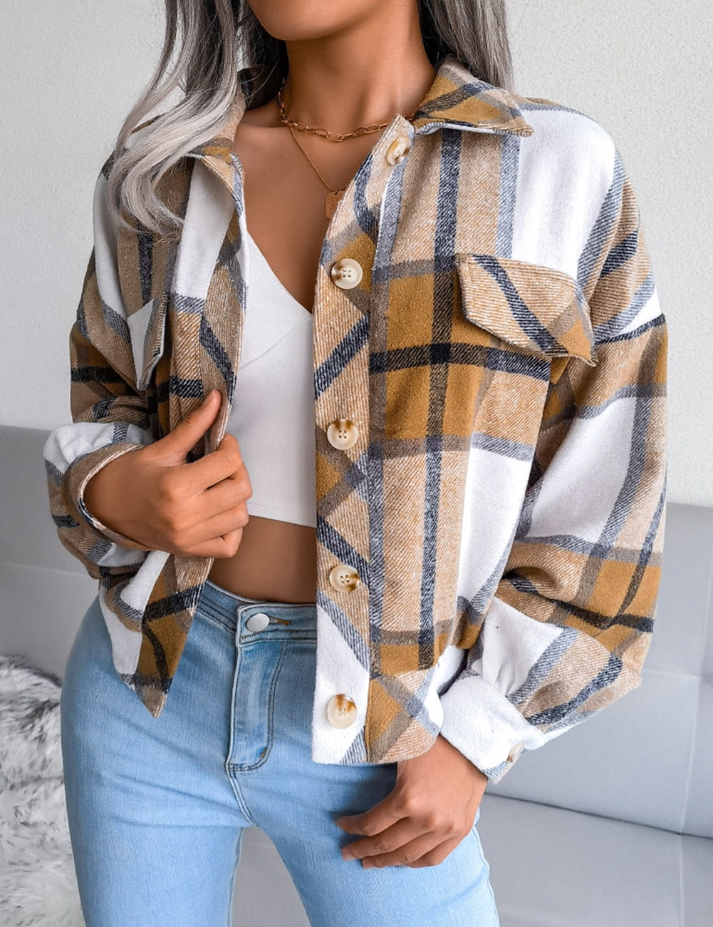SEARIPE Women's Casual Plaid Fleece Crop Shirt Jacket Shacket Long ...