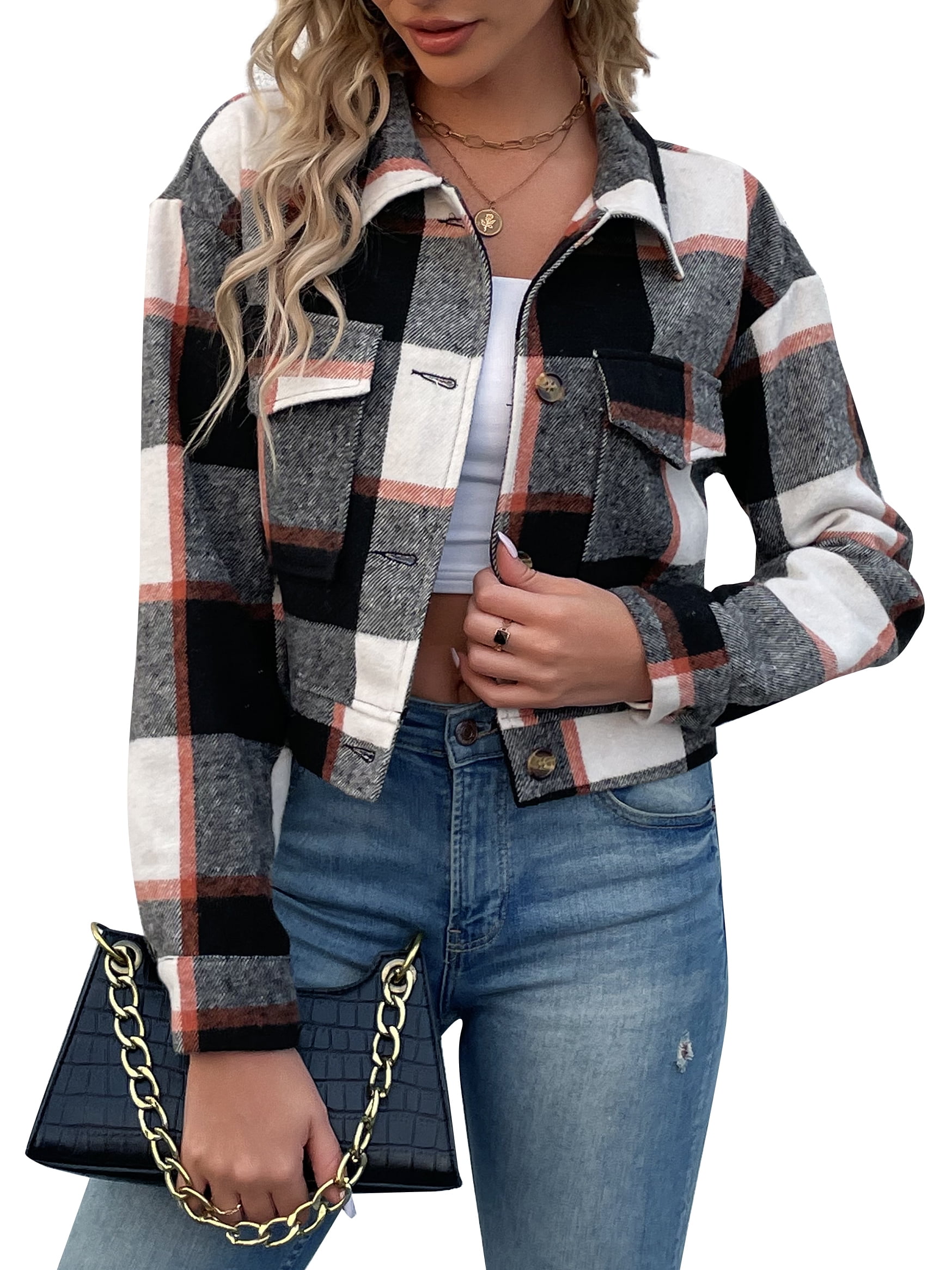 SEARIPE Women's Cropped Plaid Shacket Jacket Button Down Long Sleeve ...