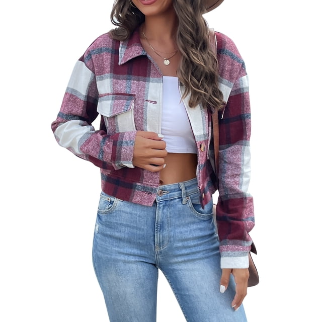 SEARIPE Women's Cropped Plaid Shacket Jacket Button Down Long Sleeve ...