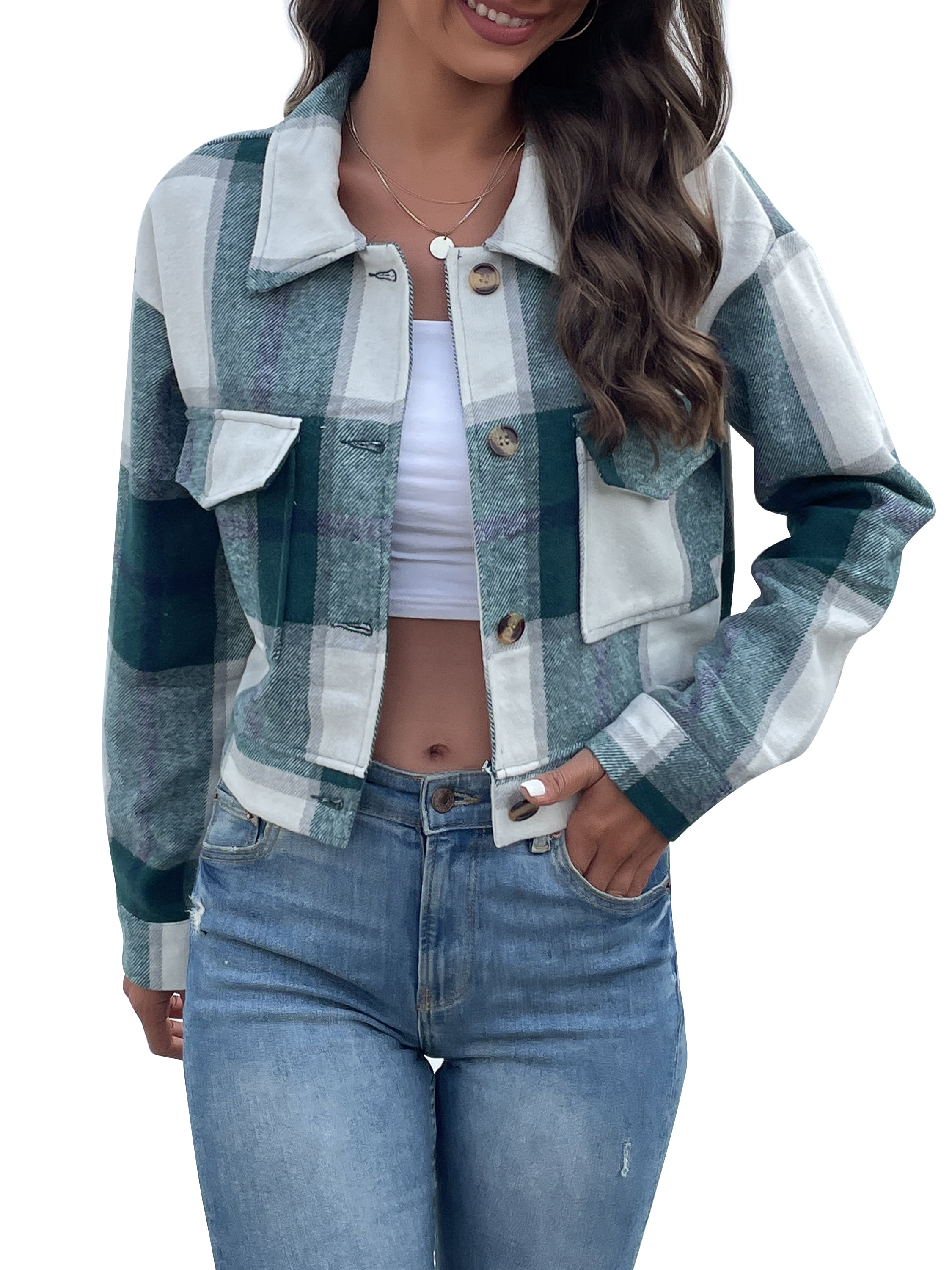 SEARIPE Women's Cropped Plaid Shacket Jacket Button Down Long Sleeve ...