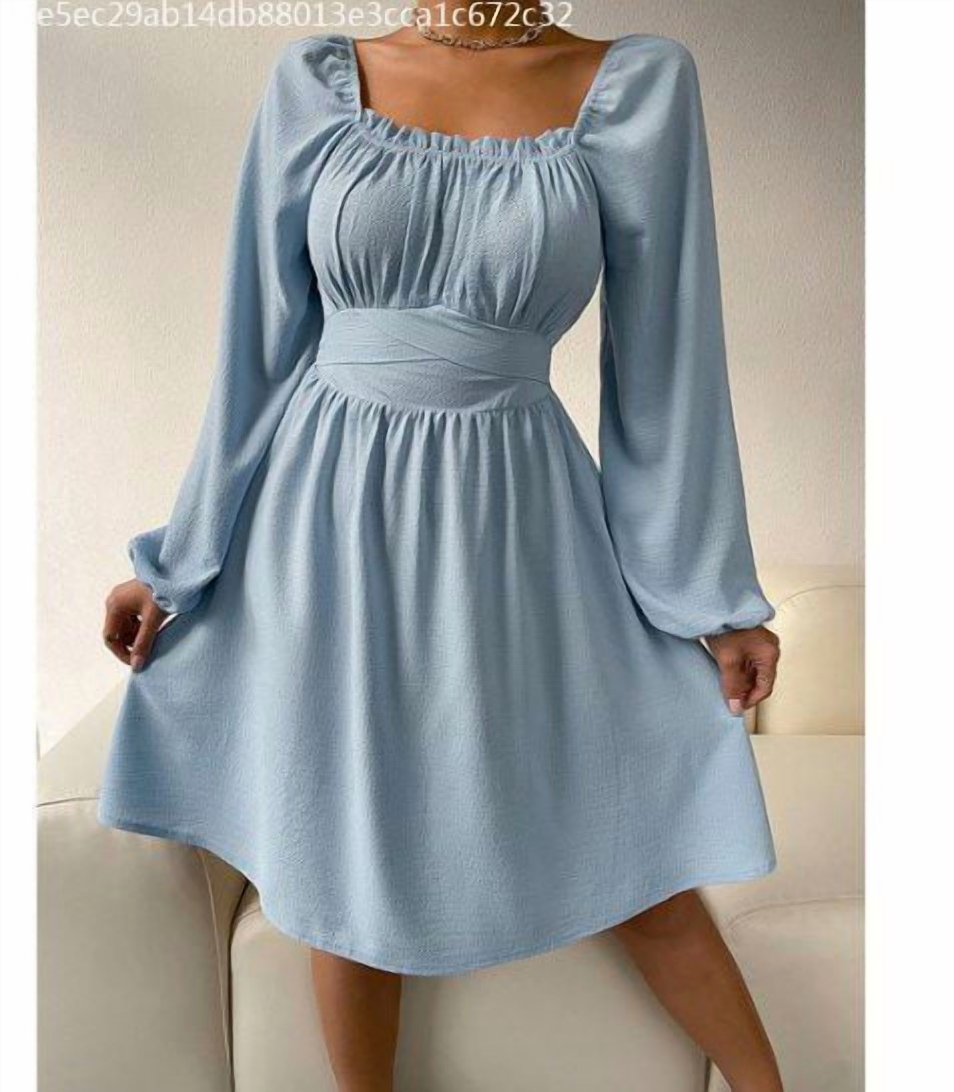 SEARIPE Women's White Lace-up Midi Dress, Long Sleeve, Square Neck ...