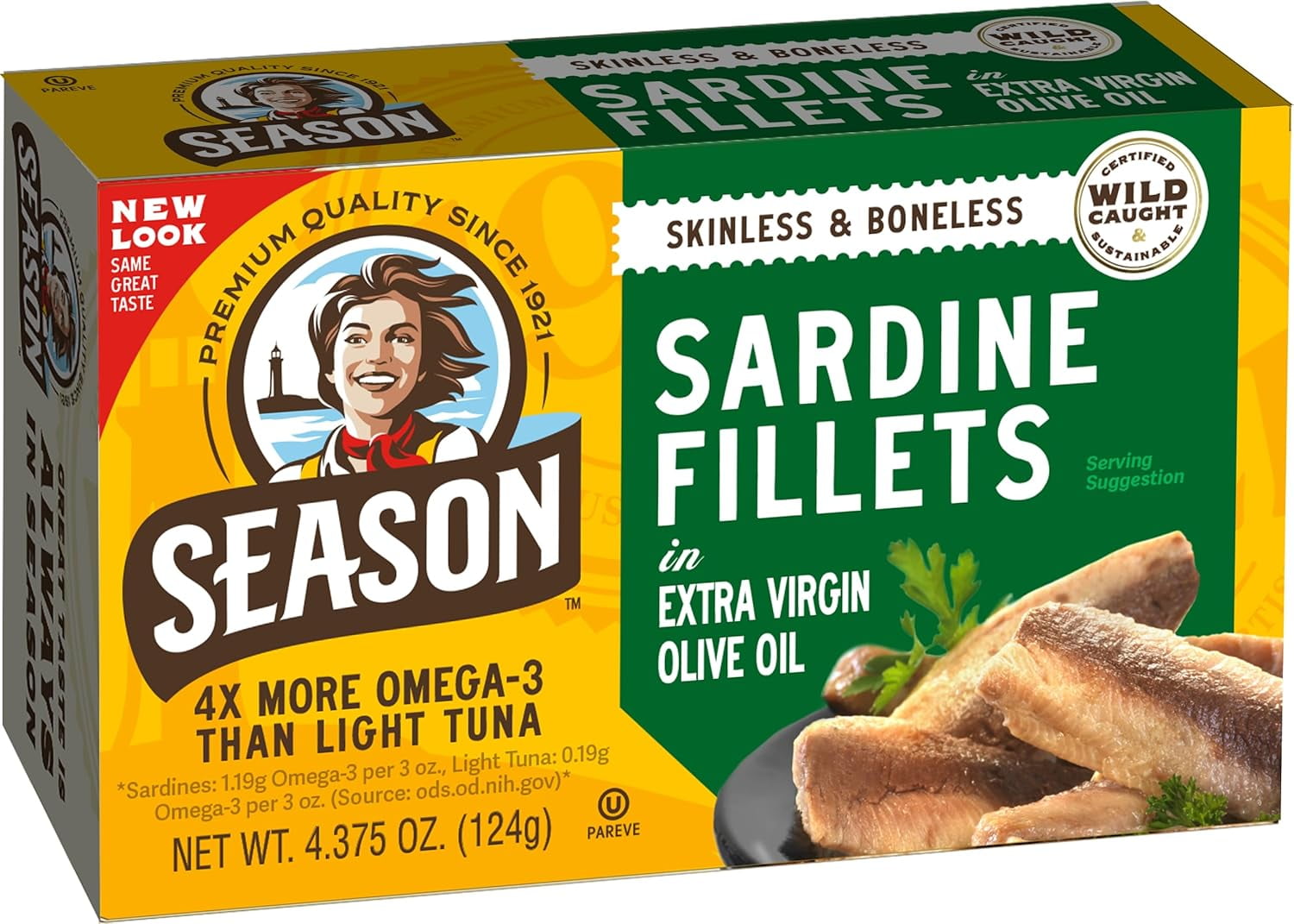SEASON Wild Caught Skinless Boneless Sardines, Organic Olive Oil, 4.375 ...