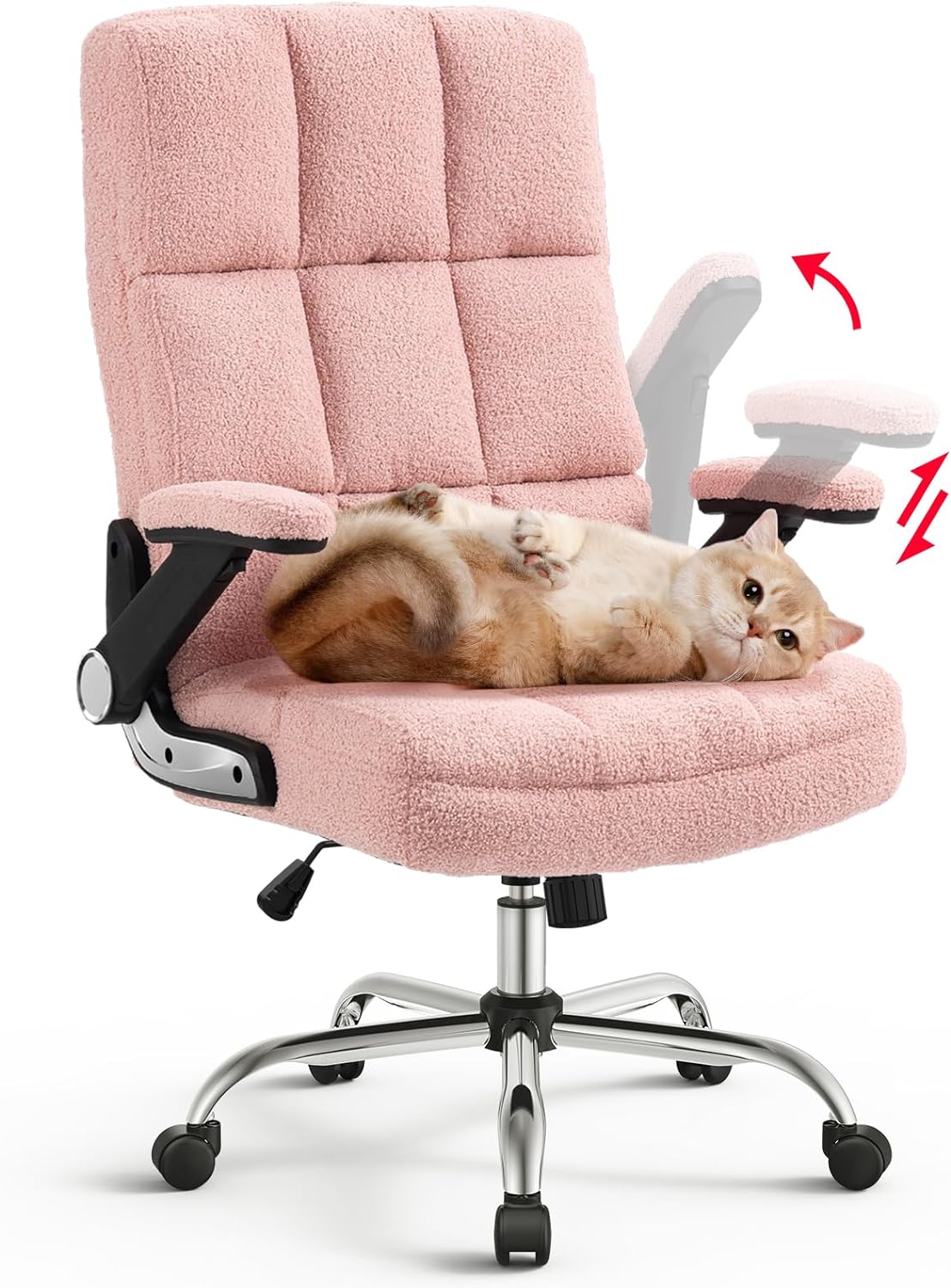 SEATZONE Pink Computer Desk Faux Fur Home Office Chair with Swivel ...