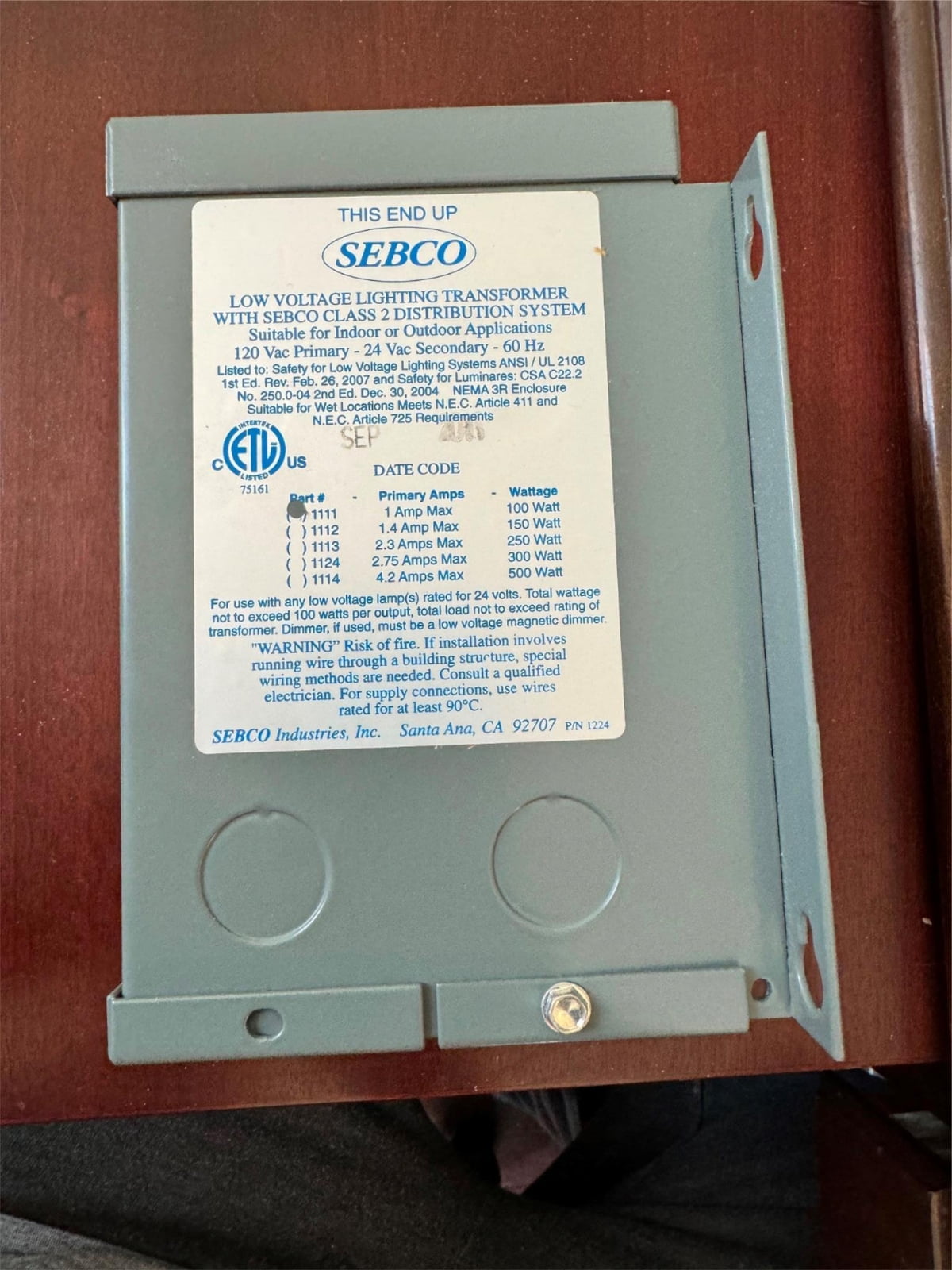 SEBCO 1111 LOW VOLTAGE LIGHTING TRANSFORMER 100W 1A MAX LLS1-PS24AC ...