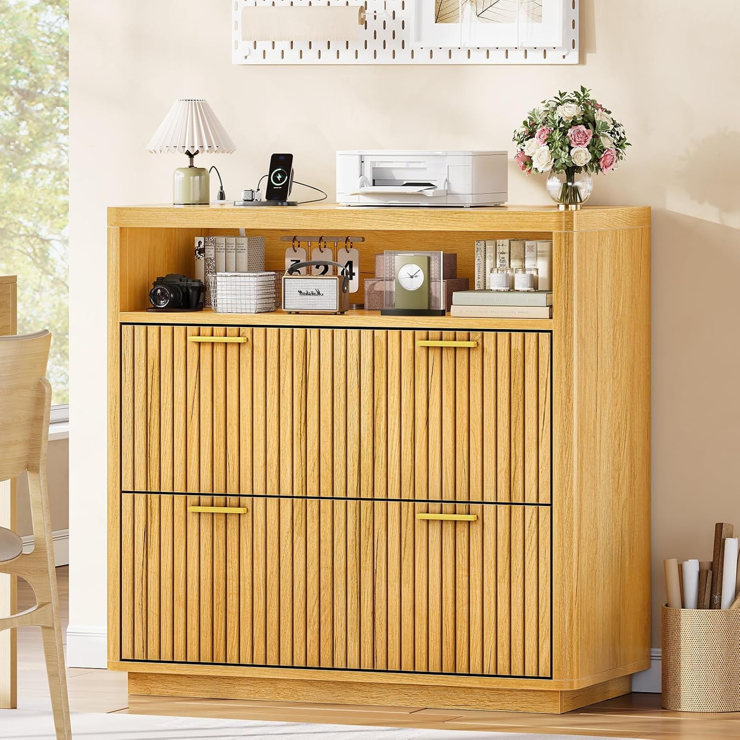 SEDETA 2 Drawer File Cabinet with Power Outlets, Fluted Filing Cabinet ...