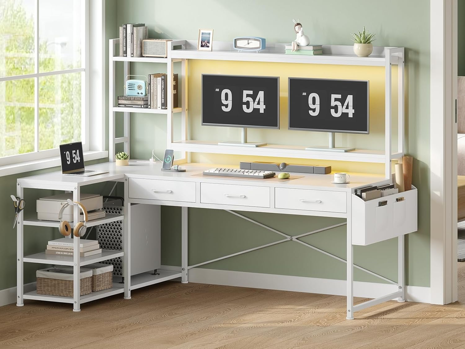 SEDETA 55" White Computer Desk with Hutch, L Shaped Desk with Shelves ...