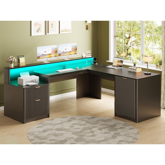 SEDETA 66" Modern L Shaped Desk with Drawers, Fluted Home Office Desk ...