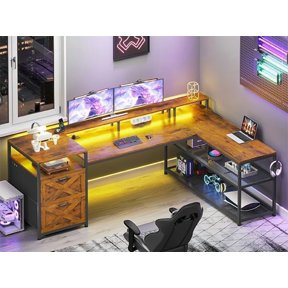Huuger L Shaped Gaming Desk with Power Outlets, Led Lights, Computer ...