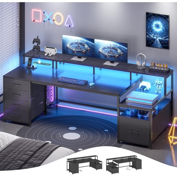 SEDETA 75'' Computer Desk with 5 Drawer, Power Outlet & Led Lights ...