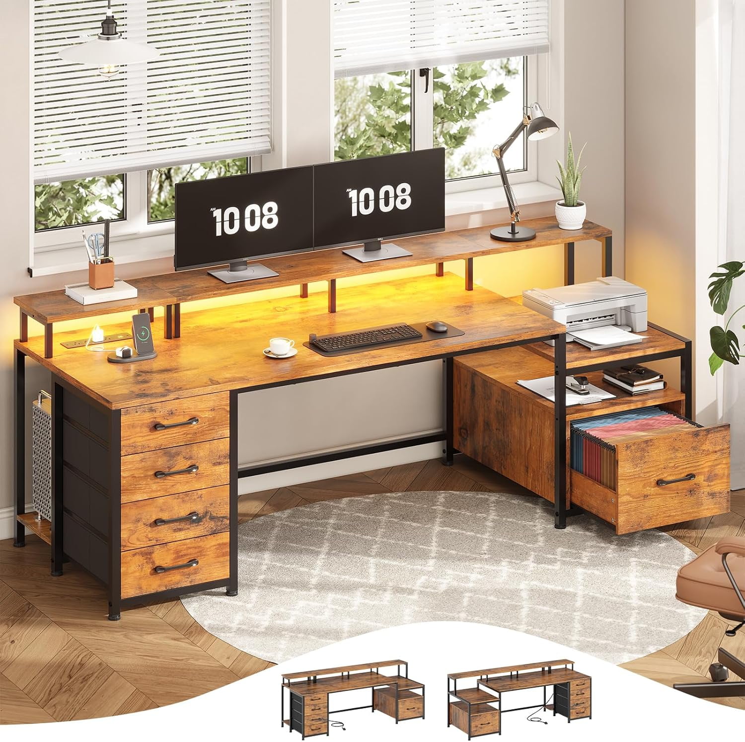 SEDETA Computer Desk with 5 Drawers & Power Outlet, Home Office Desk ...