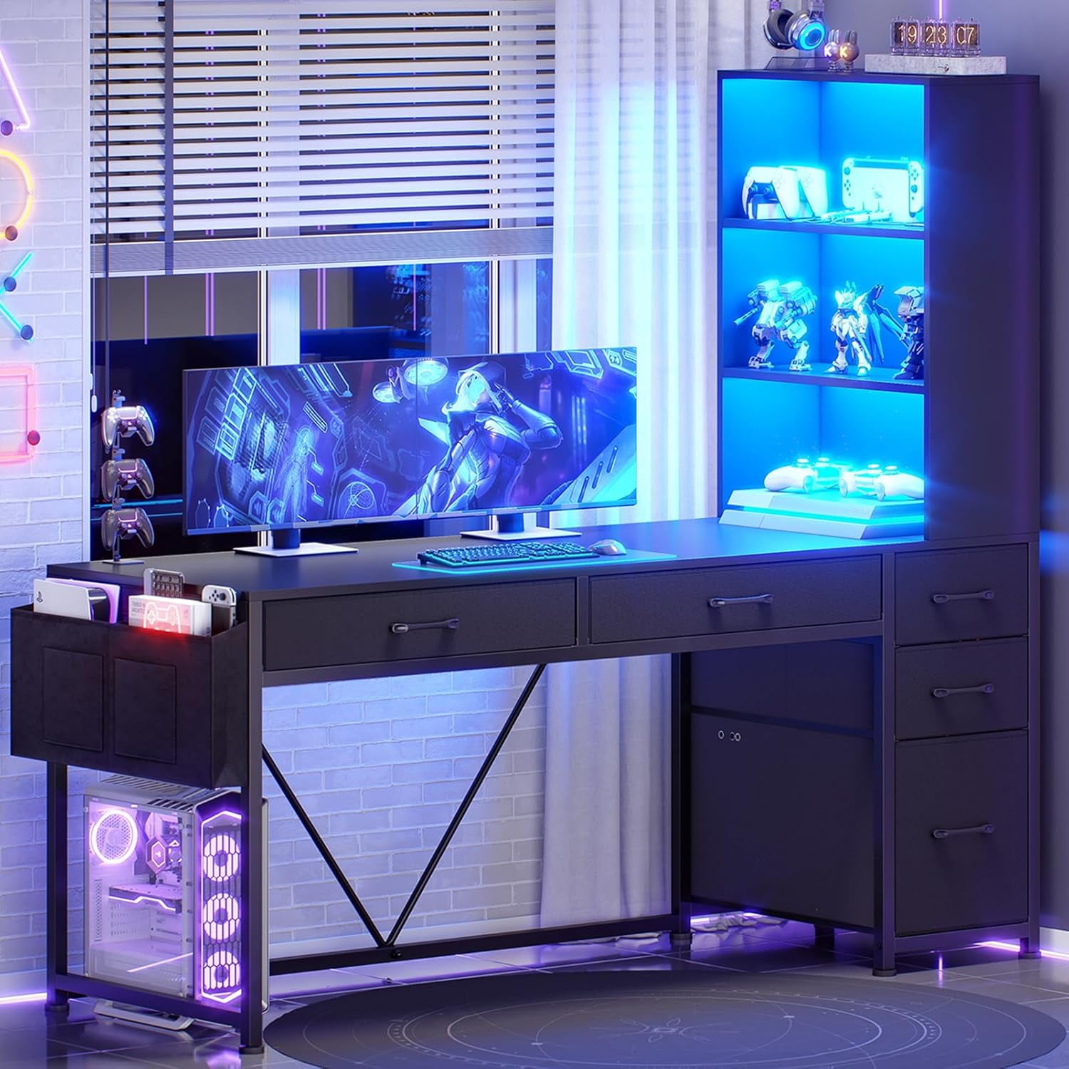 SEDETA Computer Gaming Desk with 5 Drawers and Bookshelf, Reversible ...