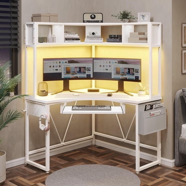 BELLEZE Corner Desk with Hutch, Compact Home Office Desk with Display ...