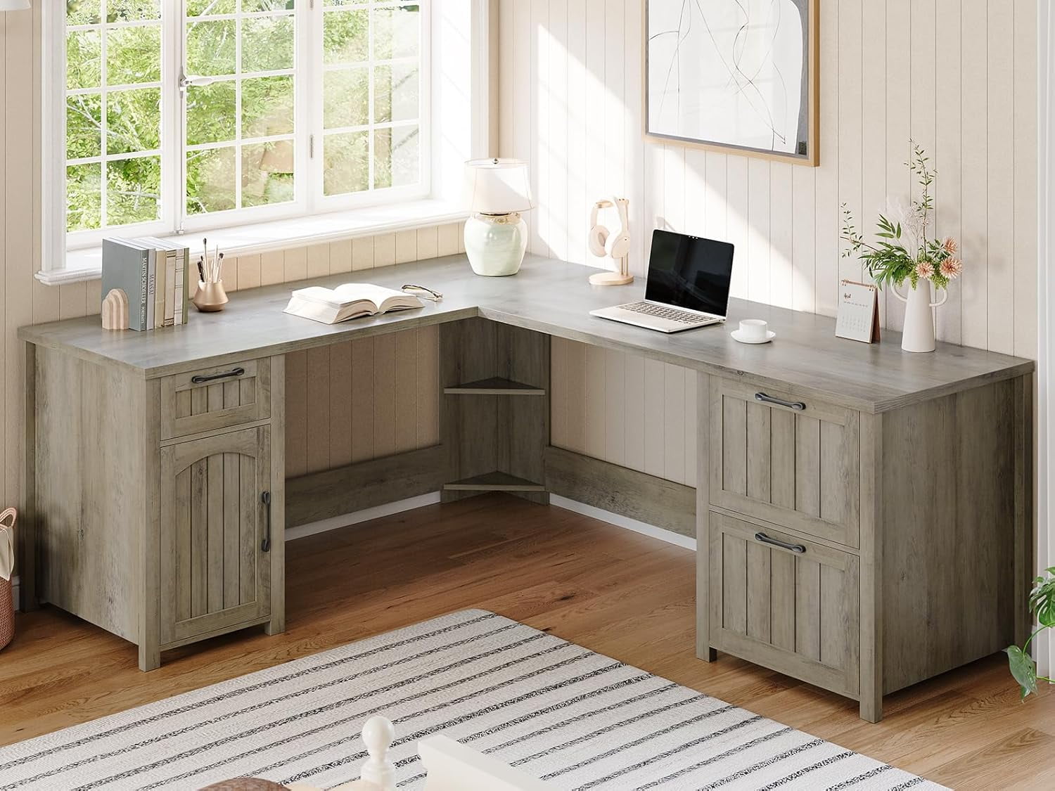 SEDETA Farmhouse L Shaped Executive Desk with 3 Drawers, Wood Home ...