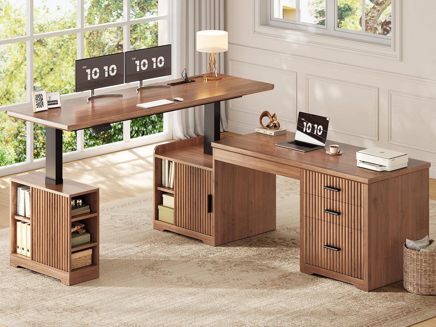 SEDETA Fluted L Shaped Electric Standing Desk, Reversible 2 Person ...