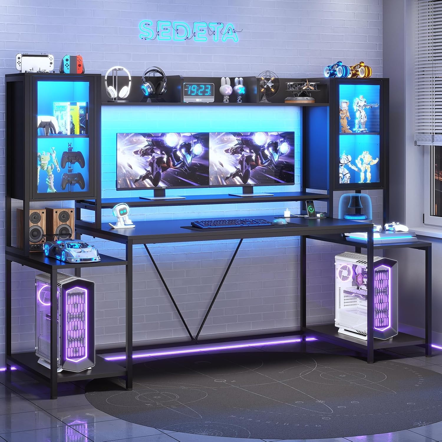 SEDETA Gaming Desk 74.8'' with LED Lights, Hutch and Storage Shelves ...