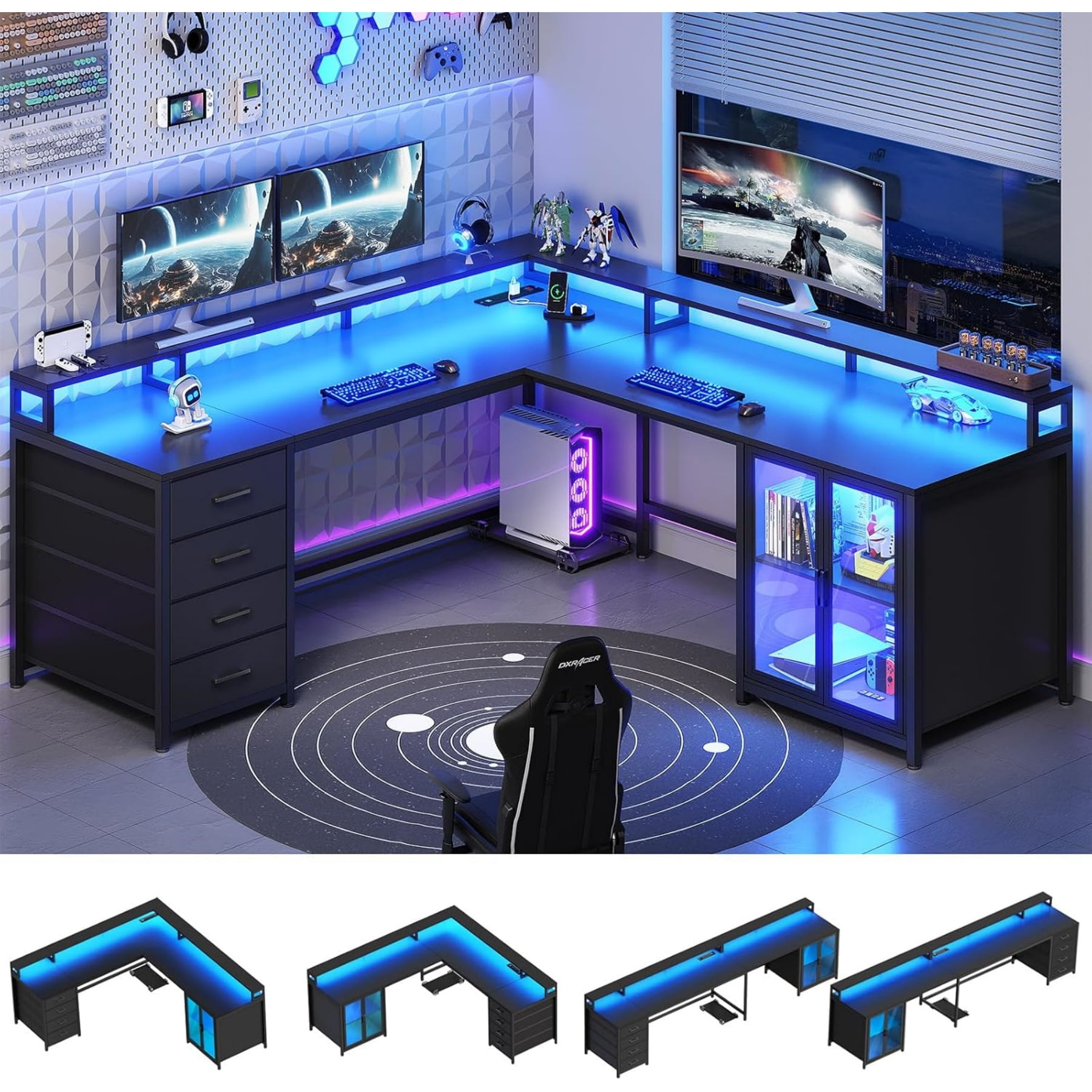 Sedeta L Shaped Desk with Drawers, Gaming and 2 Person Desk, LED Lights ...