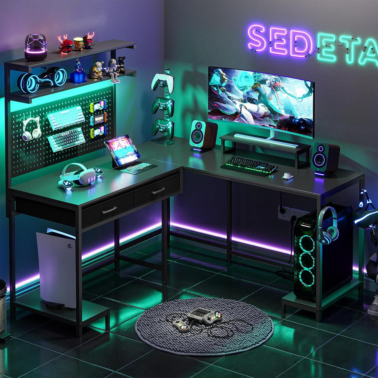 SEDETA L Shaped Gaming Desk with LED Lights, Pegboard and Drawers ...