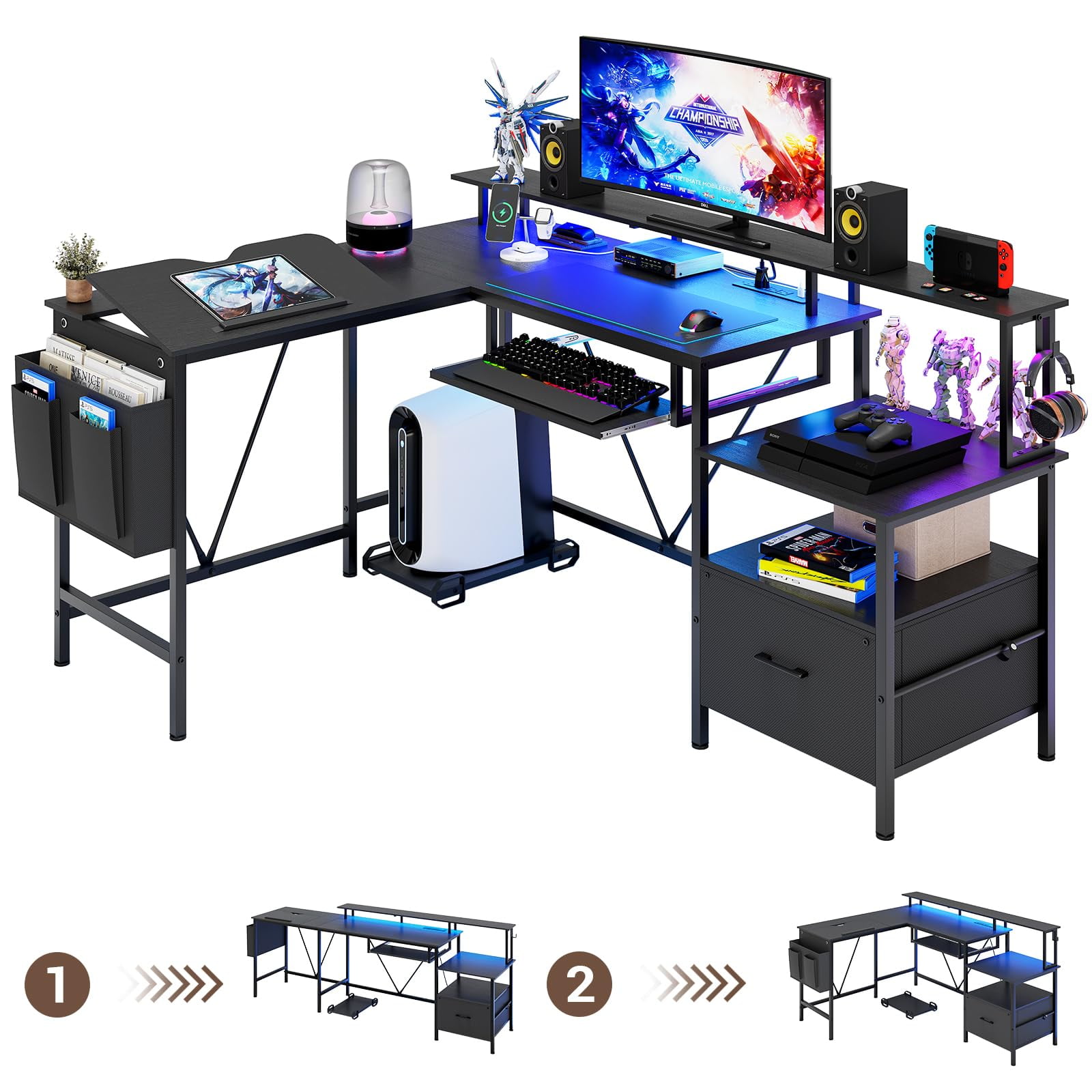 Sedeta L Shaped Gaming Desk Led Reversible Corner Computer Desk With