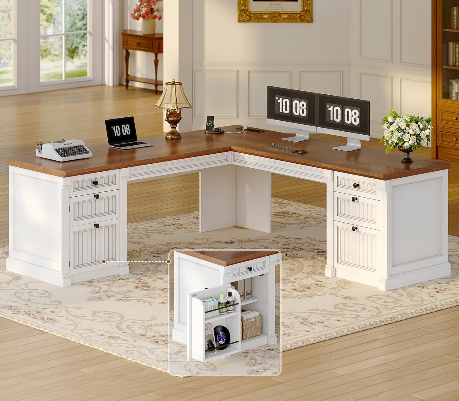 SEDETA Large L Shaped Desk with 4 Wood Drawers, 67"x 67" Executive Desk ...