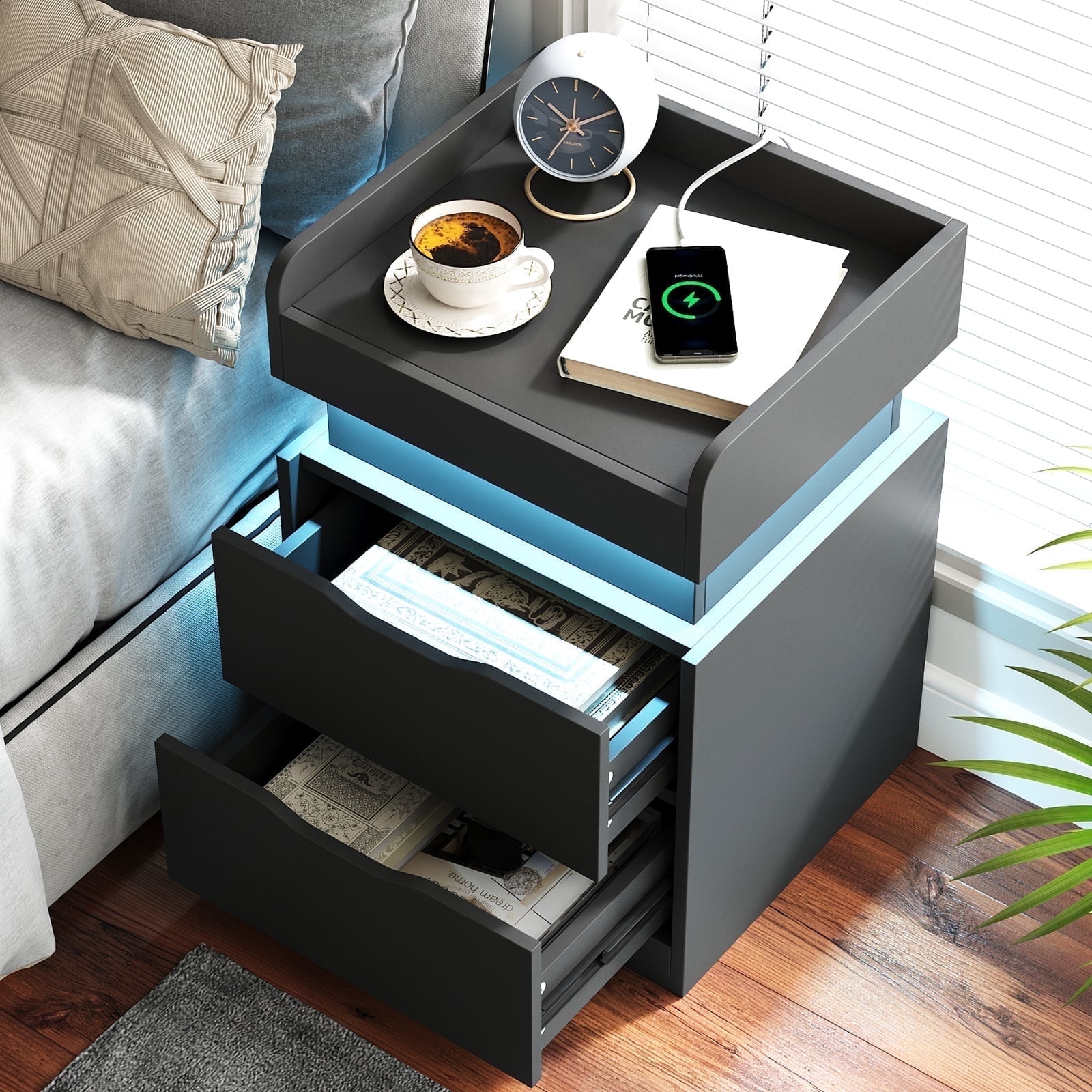 SEEDAY Black Nightstand with Charging Station, LED Smart Nightstand ...