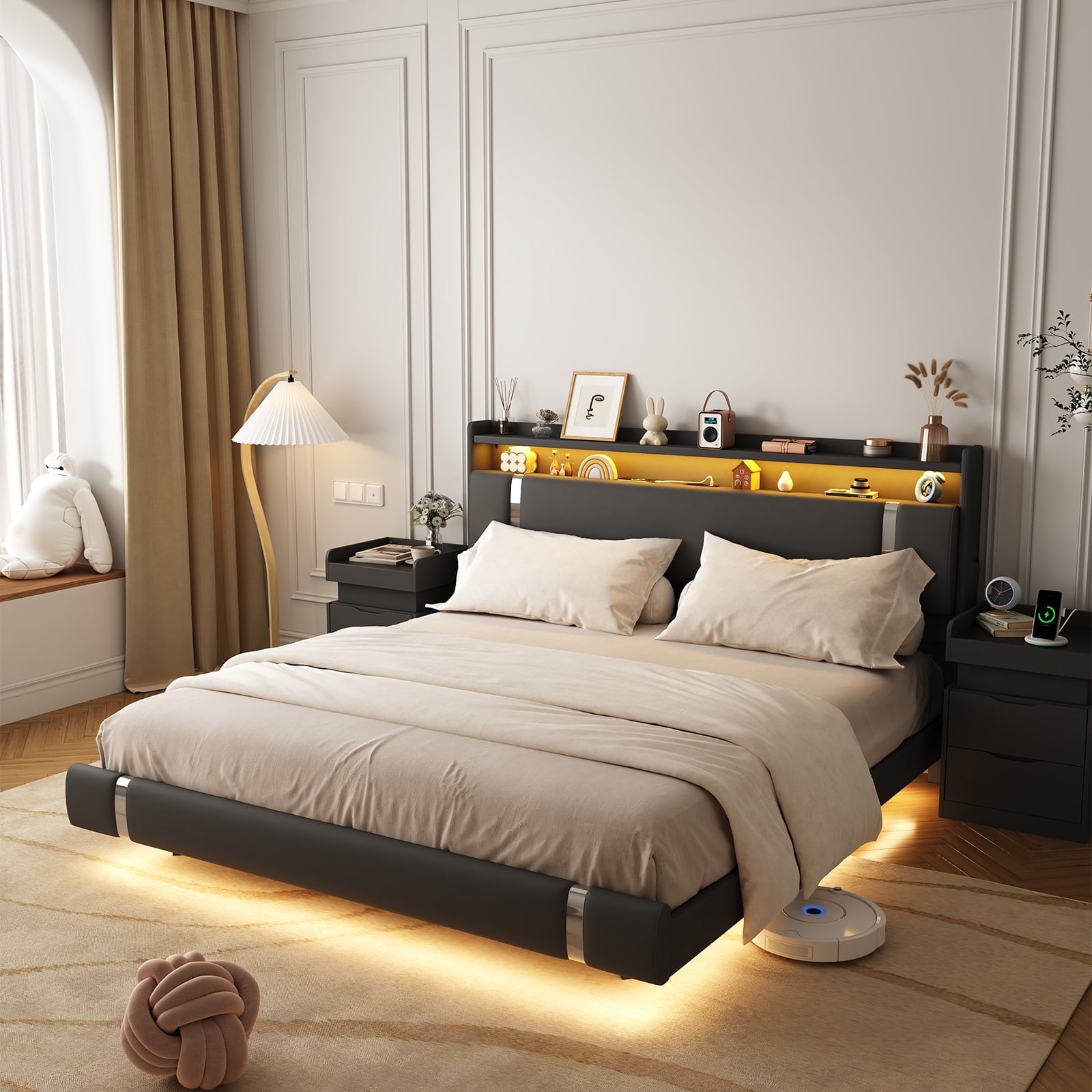 SEEDAY Floating Bed Frame King Size with LED Lights,Metal Platform King ...