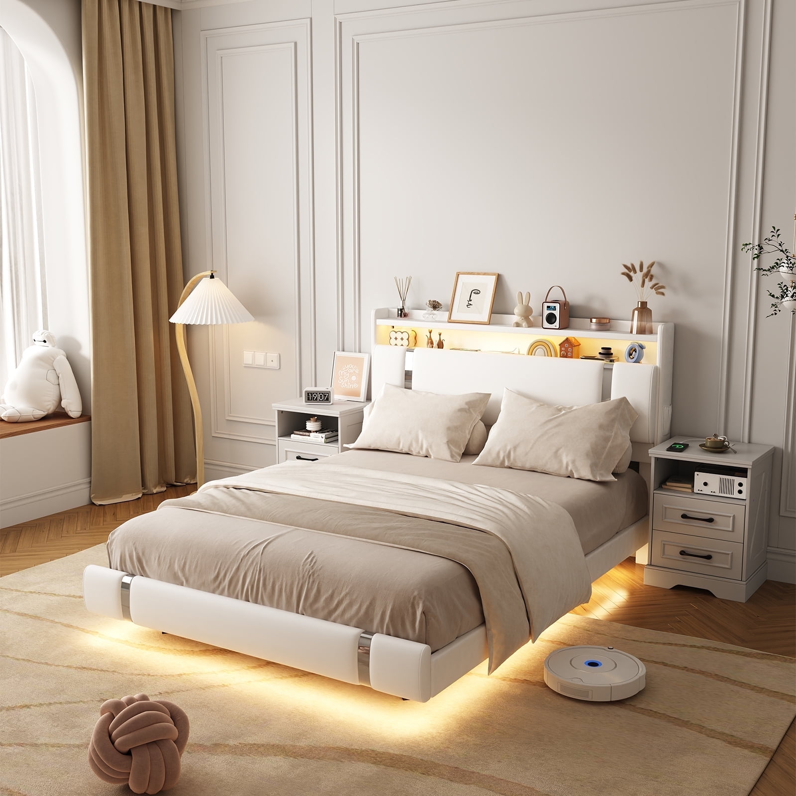 SEEDAY Floating Bed Frame Queen Size with LED Lights,Metal Platform ...