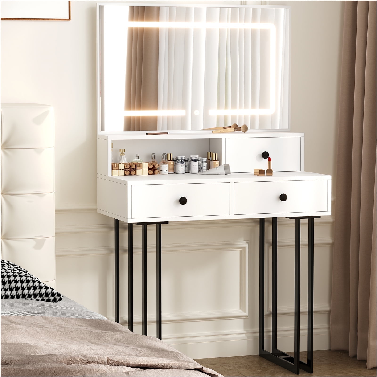 SEEDAY Vanity with Lights and Mirror, White Makeup Vanity Desk with ...