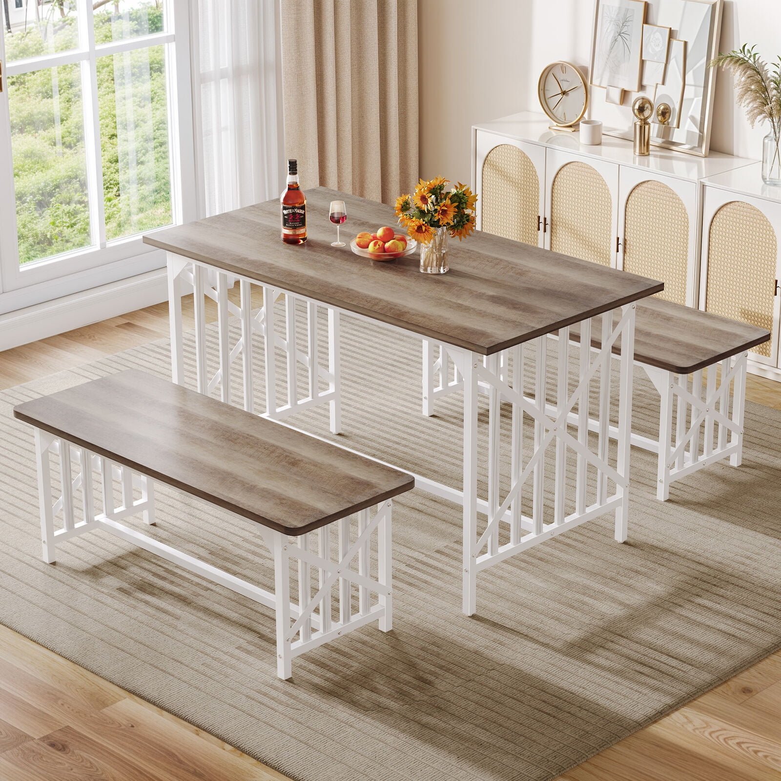 SEEKOL 47" Beige Dining Table for 4 People Dinner Table Set w/2 Bench ...