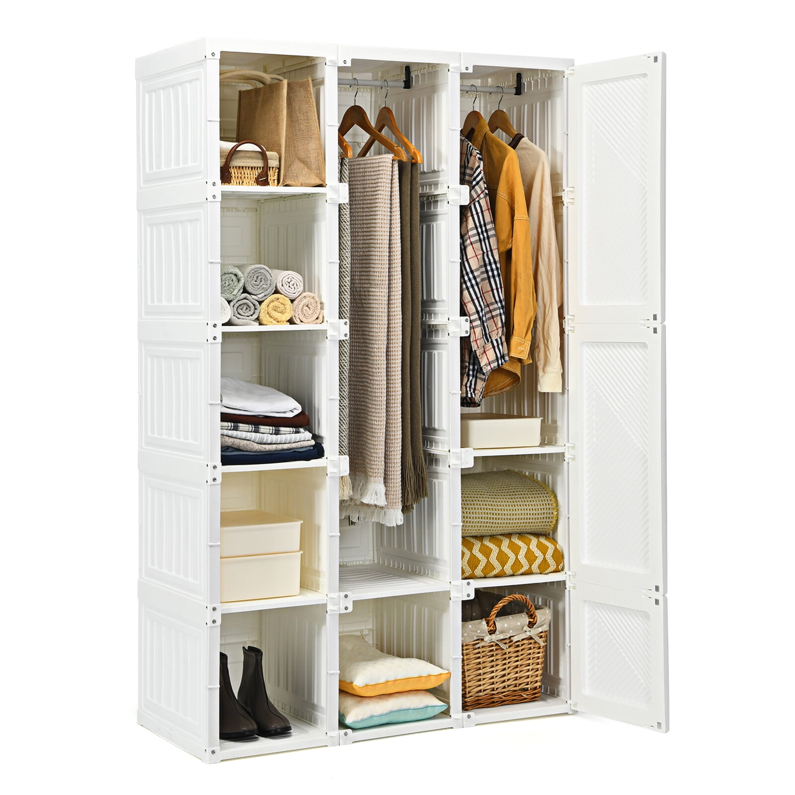 SEEKOL Closet Clothes Foldable Armoire Wardrobe with 10 Cubes & Hanging ...