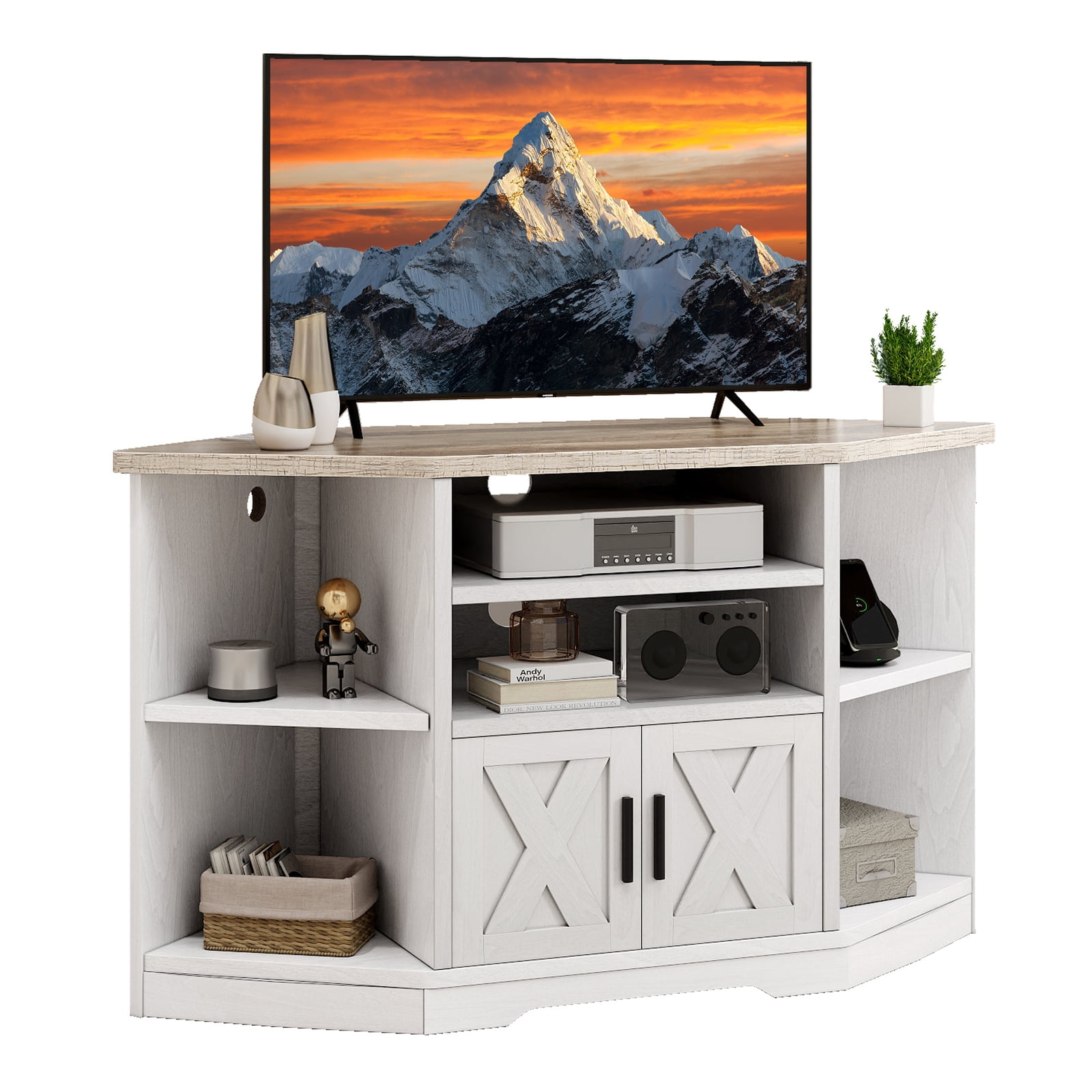 SEEKOL Farmhouse Corner TV Stand with Power Outlet, Media Console Table ...