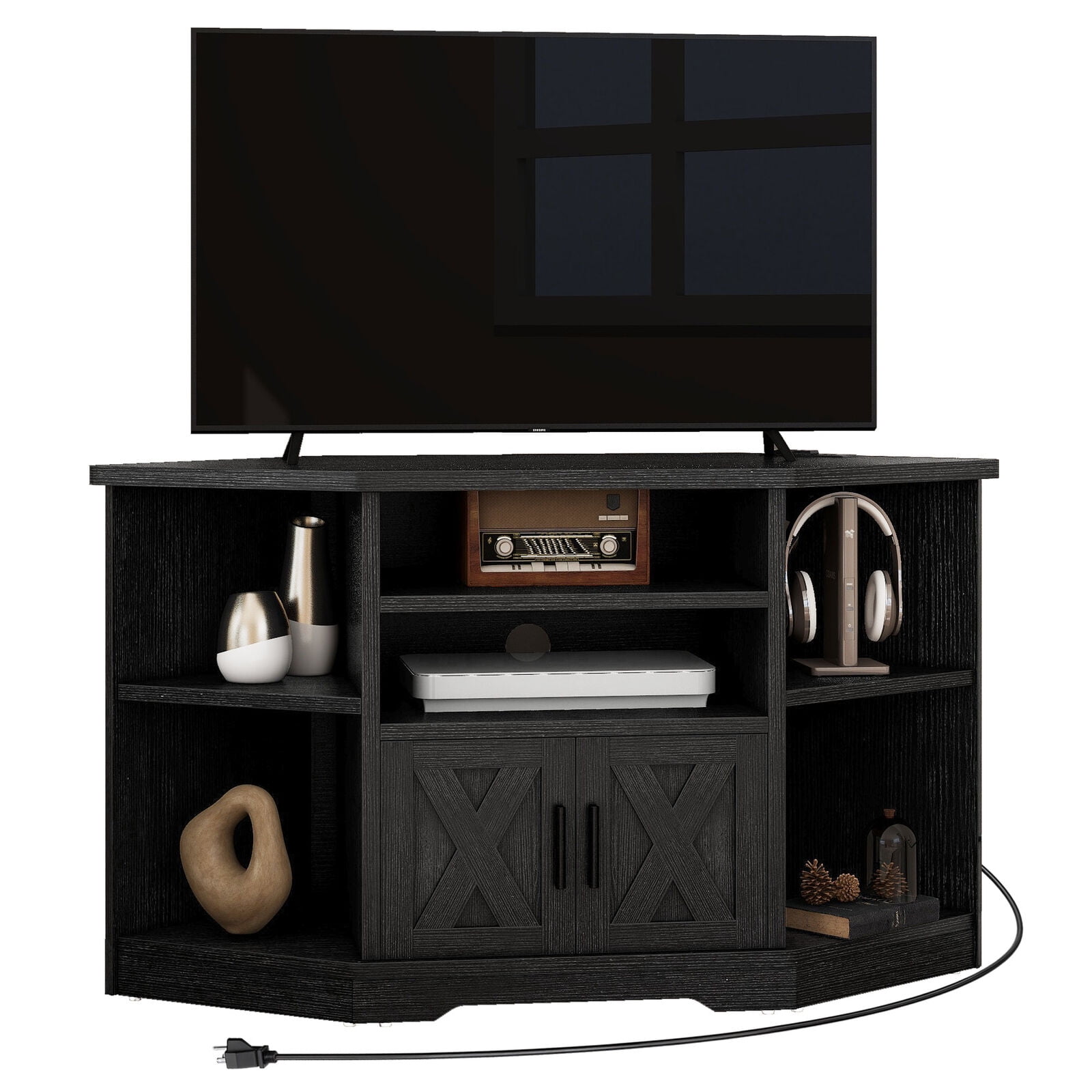 SEEKOL Farmhouse Corner TV Stand with Power Outlet, Media Console Table ...