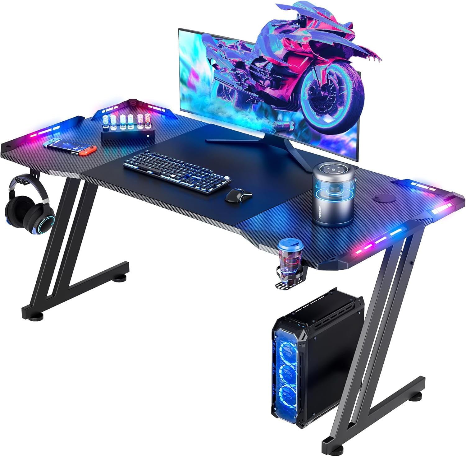 SEEKOL Gaming Desk with LED Lights Carbon Fibre Surface Gaming Table ...