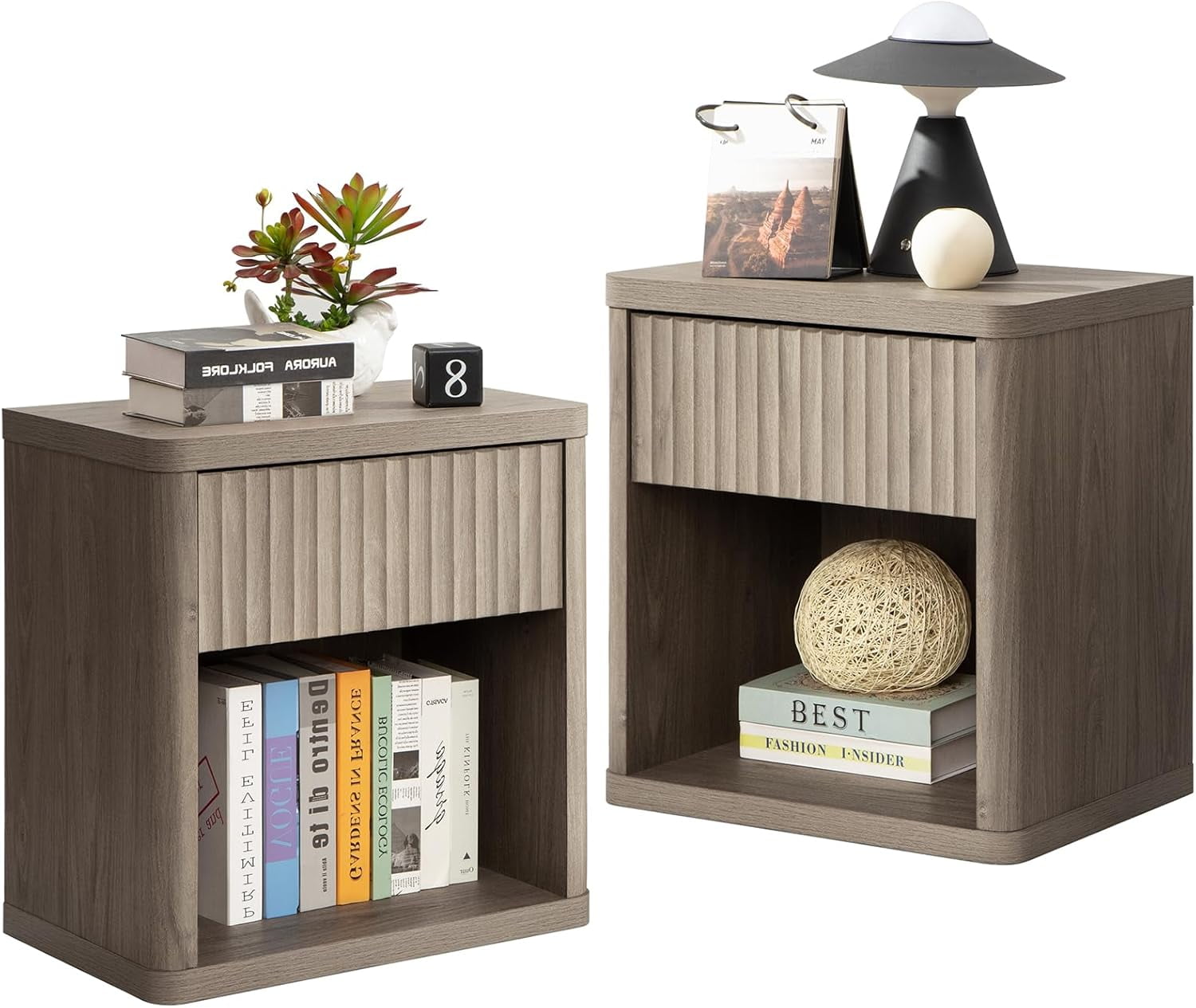 SEEKOL Nightstands with Drawer Storage Fluted Bed Side Table End Table ...