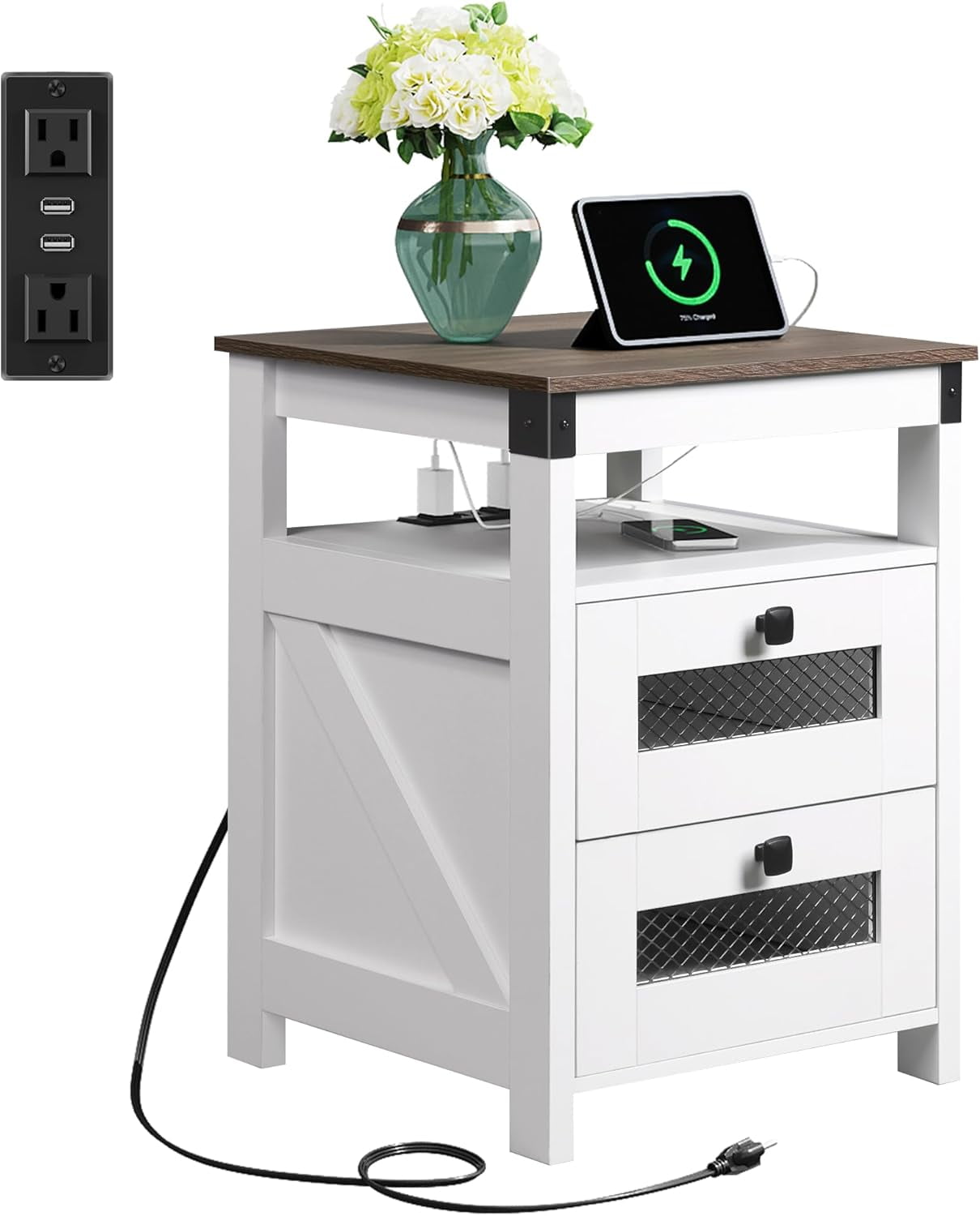 SEEKOL White End Table with Charging Station, Side Table Living Room ...
