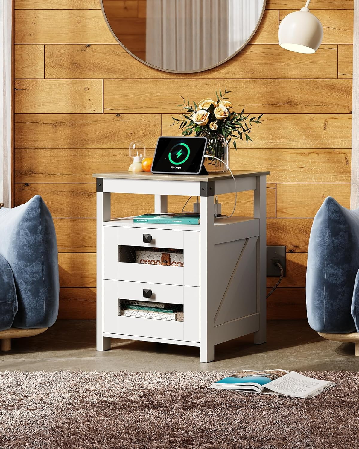 SEEKOL White End Table with Charging Station, Side Table Living Room ...