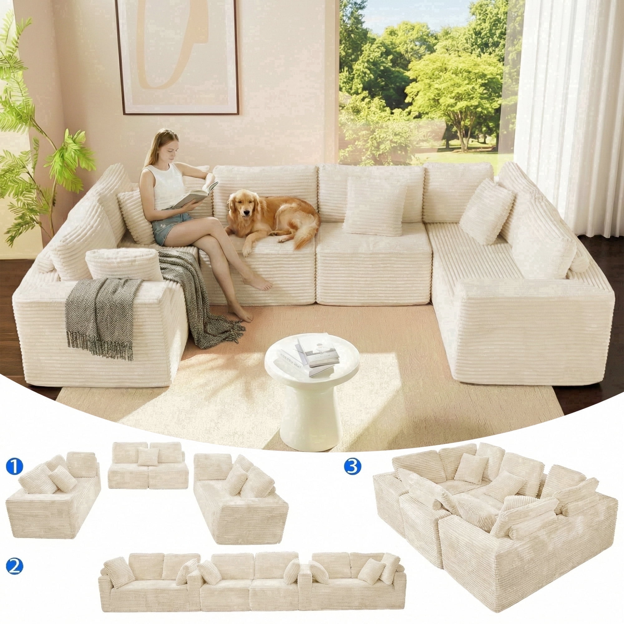 SEENYOO 135.5" Cloud Couch,Boneless Sectional Sofa for Living Room,U ...