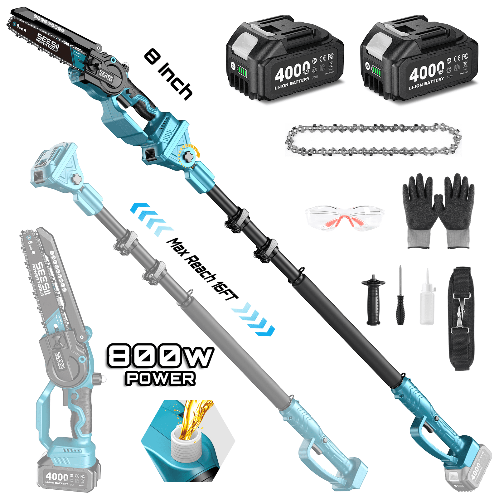 SEESII 2 in 1 Cordless 8 inch Pole Saw & Mini Chainsaw with 2x 4000mah ...
