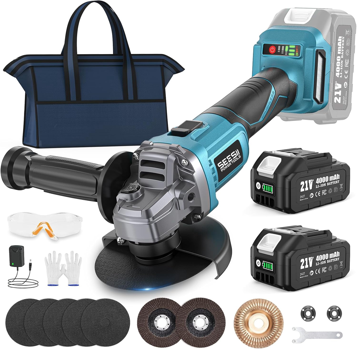 SEESII Cordless Angle Grinder 4-1/2 Inch, 21V Brushless Battery Grinder ...