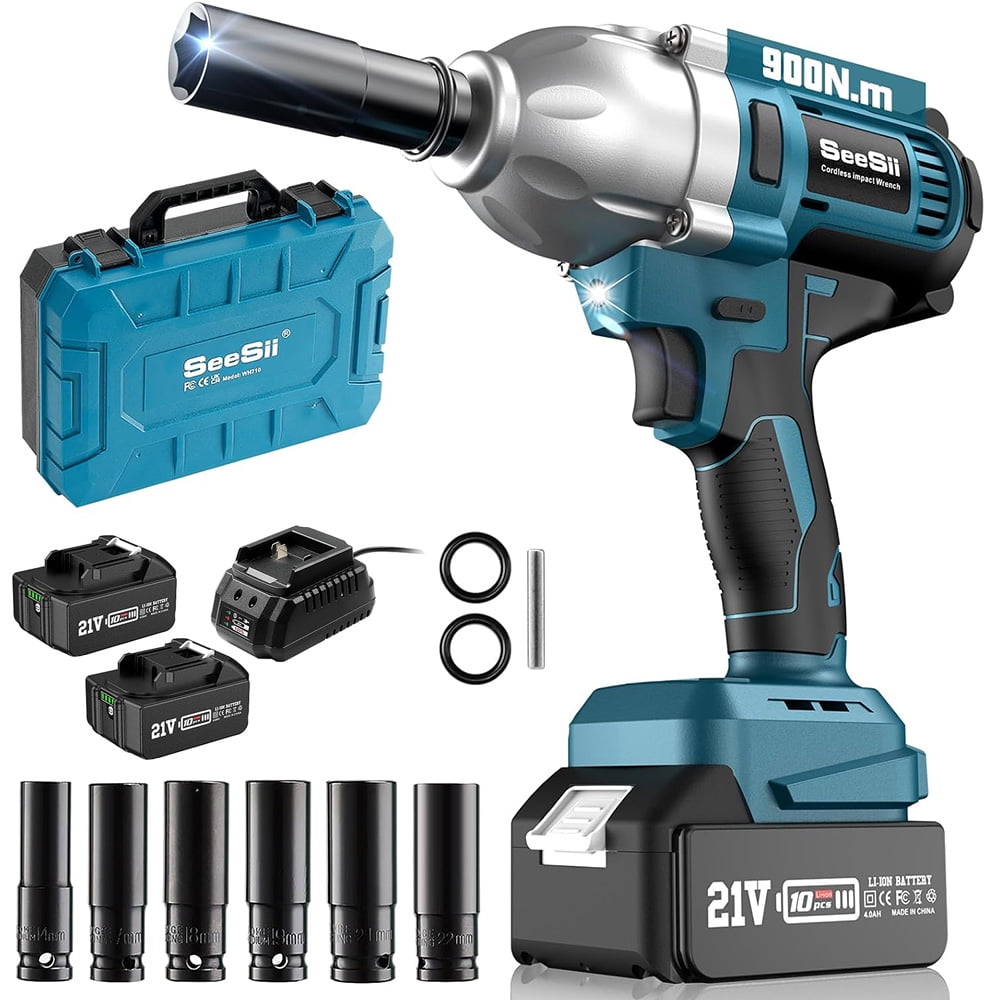 SEESII Cordless Impact Wrench 900N.m Power Impact Gun 1/2'' 3300RPM ...