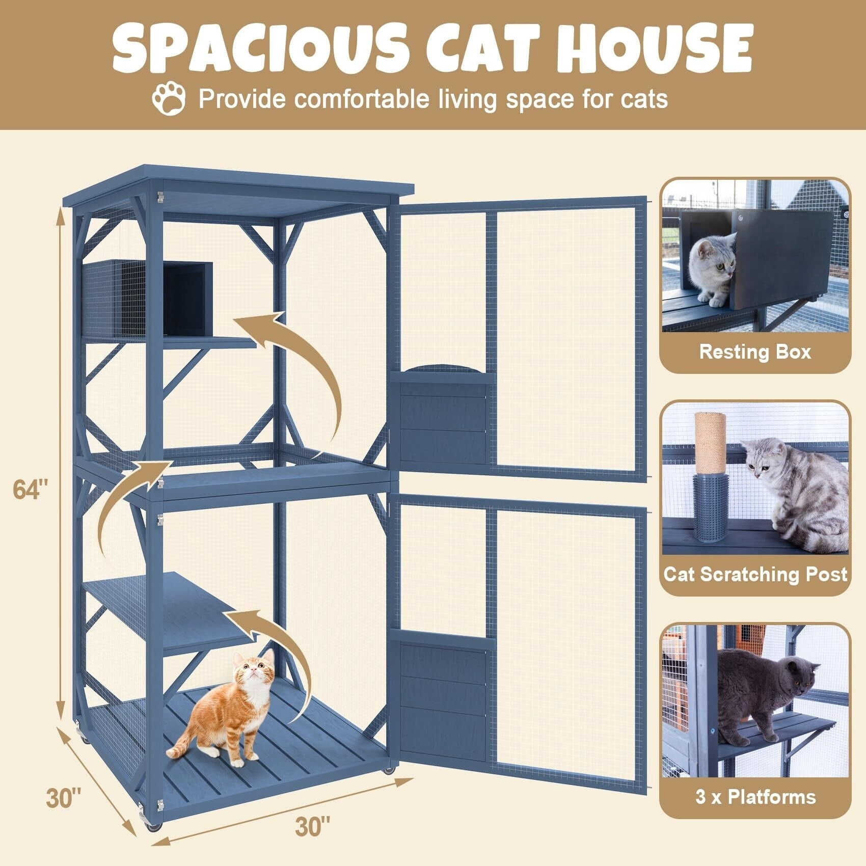 SEEUTEK Outdoor Cat House, Wooden Large Enclosure with Run on Wheels ...