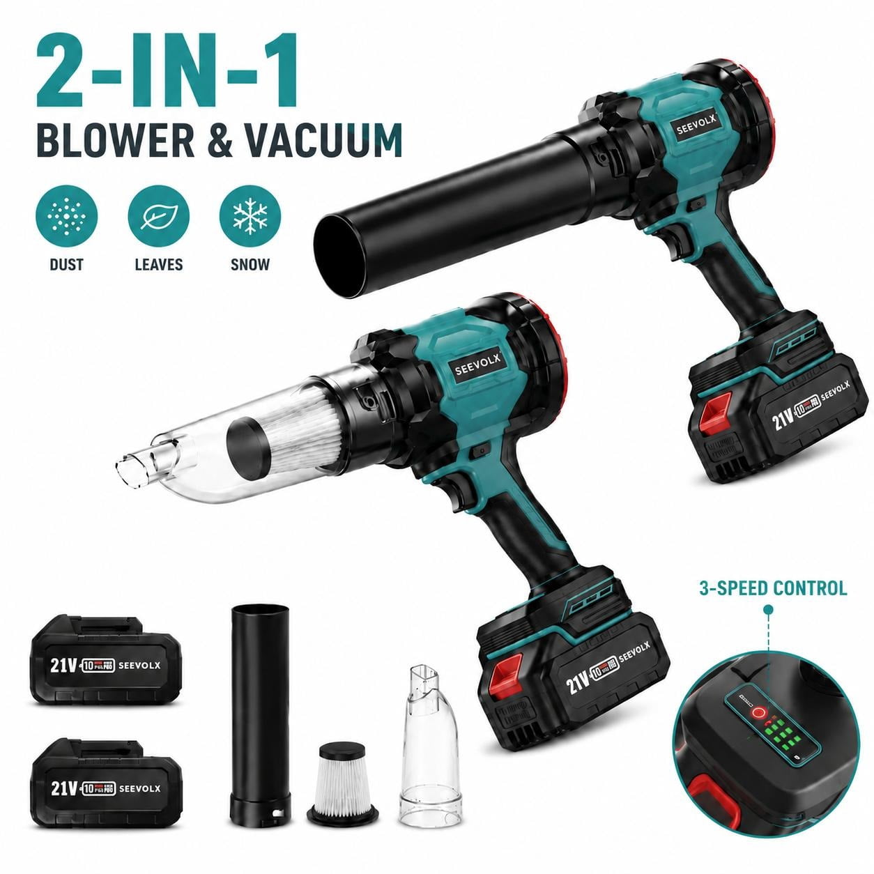 SEEVOLX 2-in-1 Cordless Leaf Blower and Vacuum with 3-Speed Modes, for ...