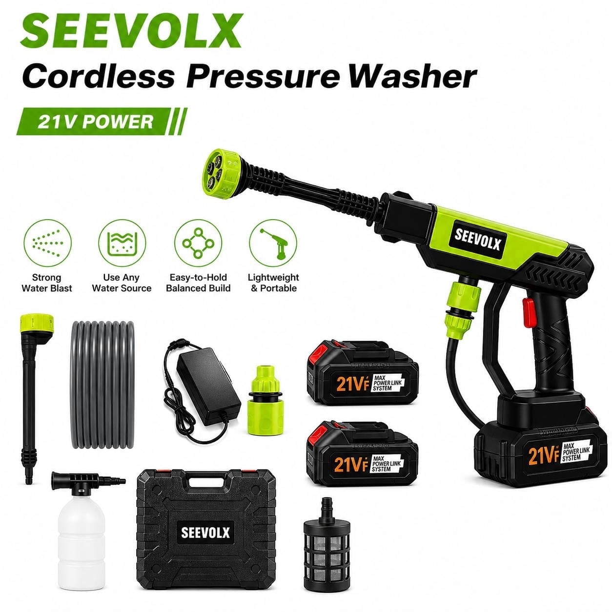 SEEVOLX 21V Portable Battery Powered Power Cleaner, Cordless Pressure ...
