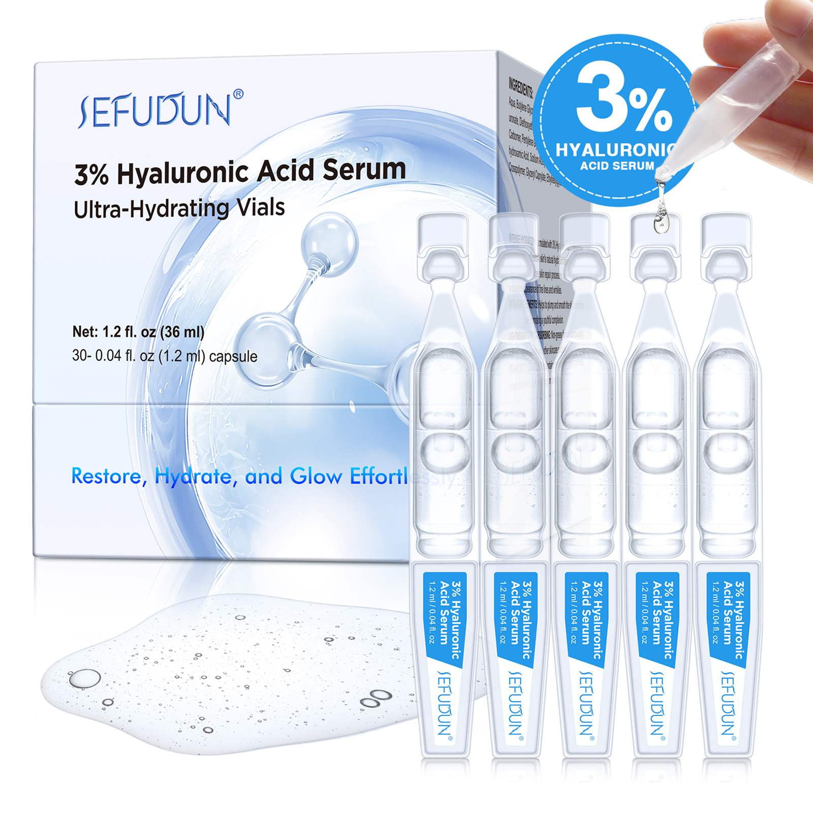 SEFUDUN 3% Hyaluronic Acid Serum Ultra-Hydrating Vials, Contains 3% ...