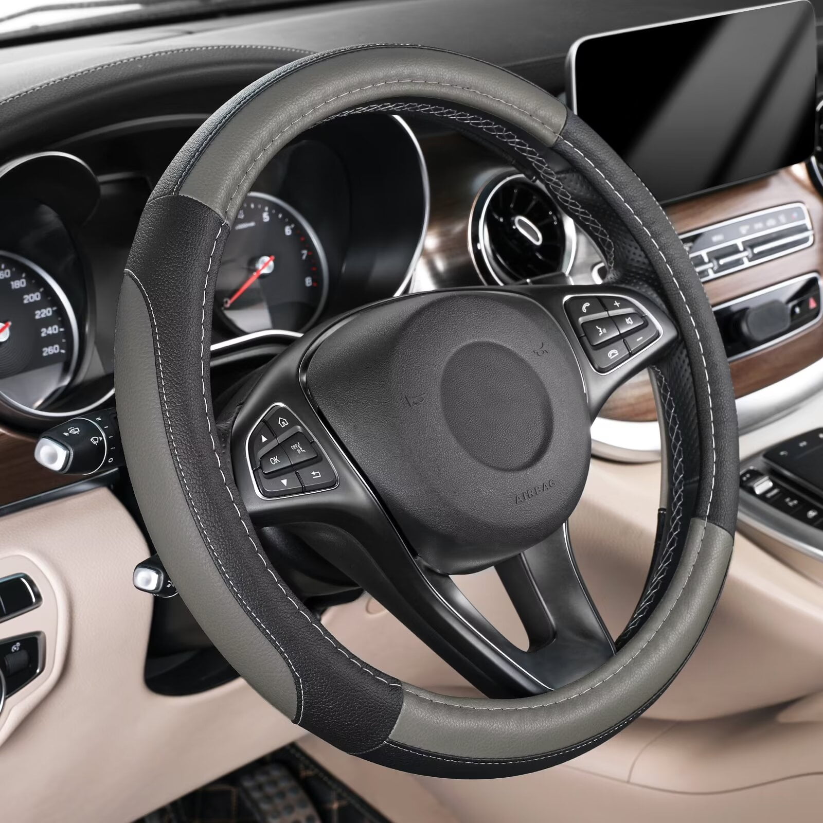 SEG Direct Steering Wheel Cover, Black and Gray Microfiber Leather ...