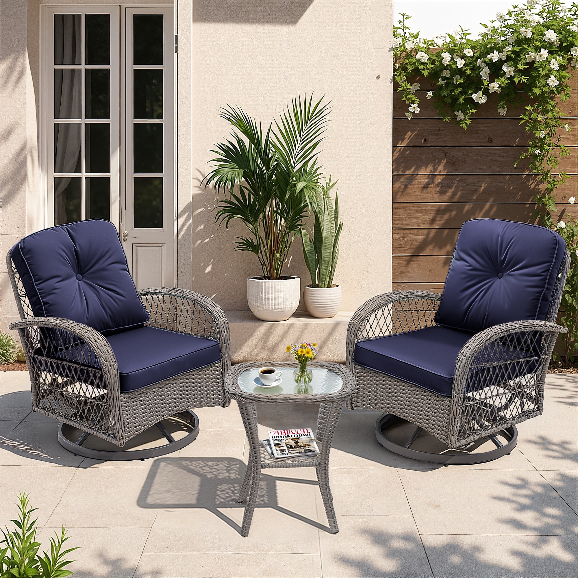 SEGMART 3 PCS Patio Swivel Rocker Set, PE Rattan Swivel Bistro Table ...
