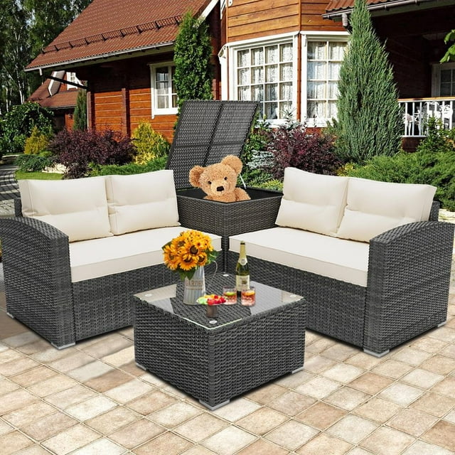 SEGMART 4pc Modern Rattan Patio Set with Table, Cushions & Storage Box ...