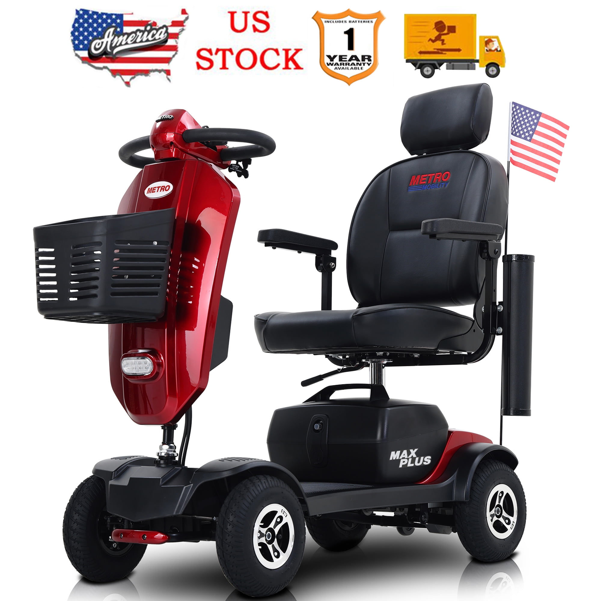 SEGMART 4-Wheel 300W Mobility Scooter, Pneumatic Tires, USB Port, Red ...